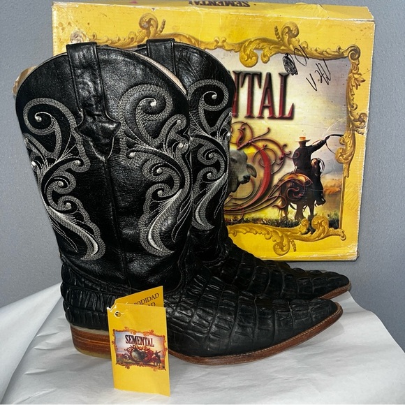 Shoes | Semental Pointy Snip Toe Alligator Print Black Leather Cowboy ...